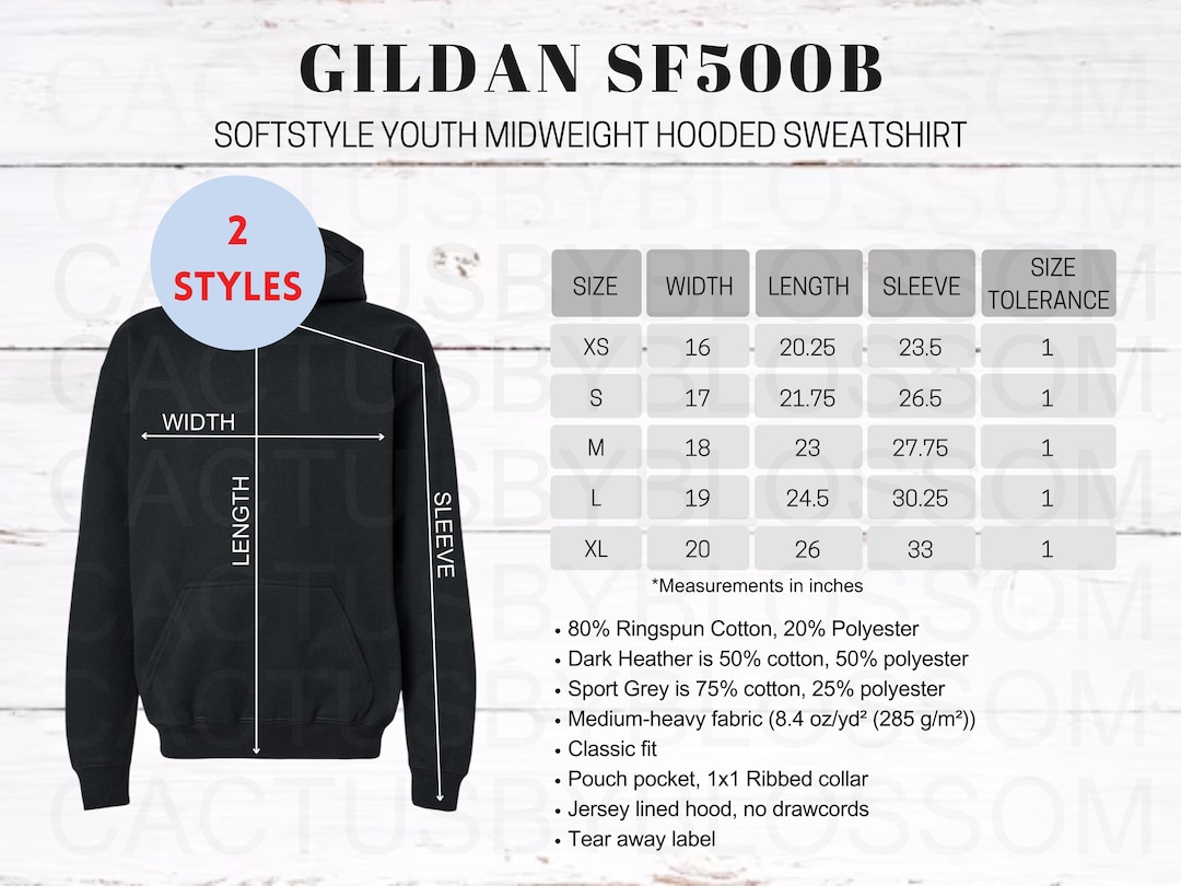 2 Size Chart Gildan SF500B Mockup Softstyle Youth Midweight Hooded ...