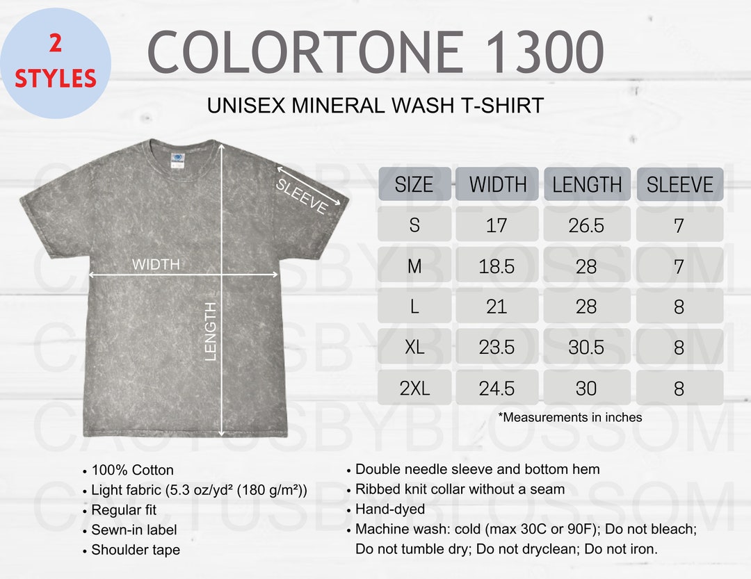 2 Size Chart Colortone 1300 Mockup Chart for Unisex Mineral Wash T ...