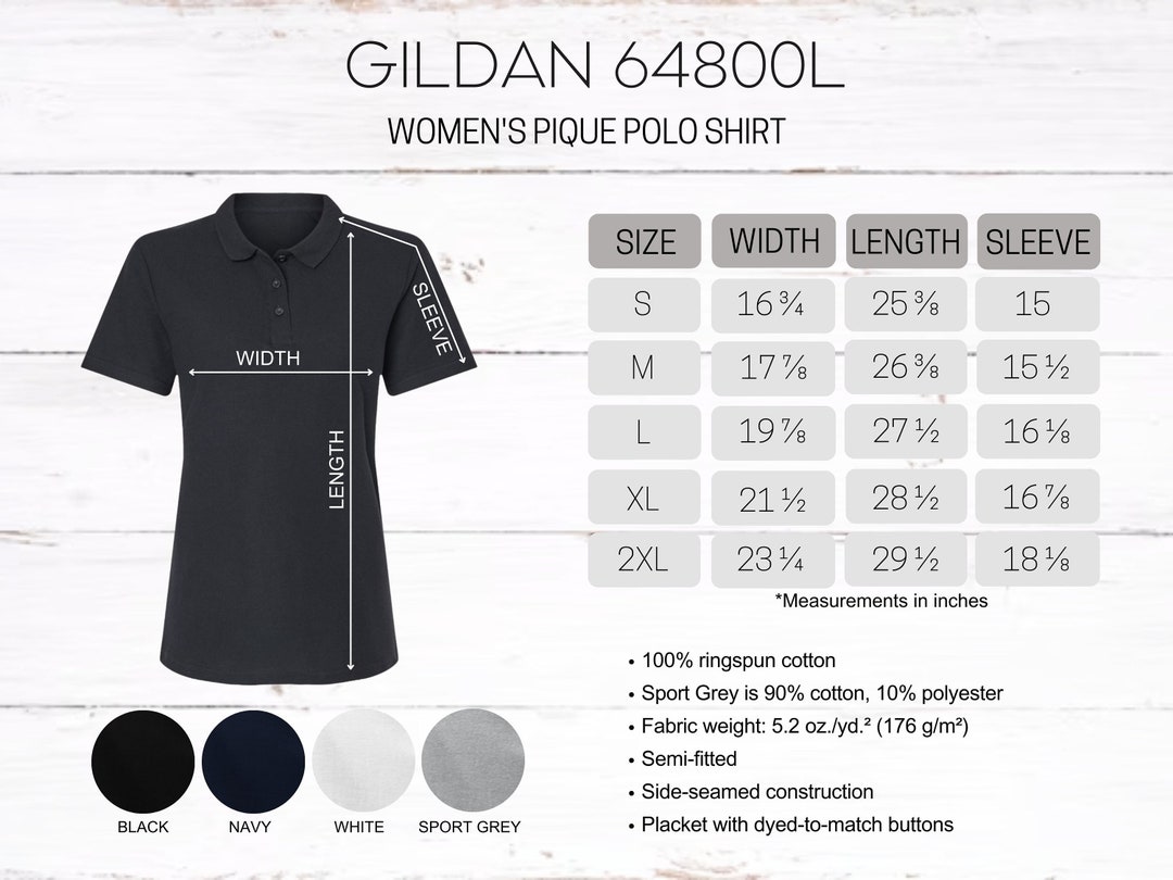 2 Size Chart Color Chart Gildan 64800L Women's Pique Polo Shirt Etsy ...
