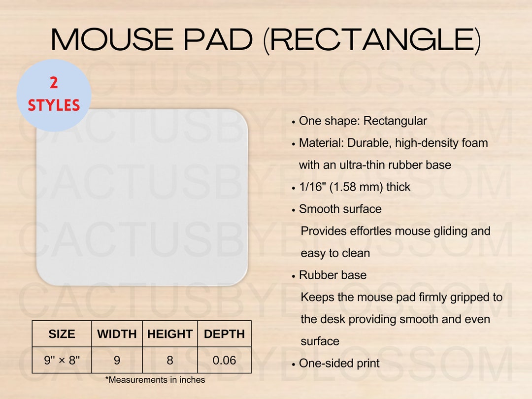 2 Size Chart Mouse Pad (rectangle) Mockup Chart AOP All Over Print Size ...