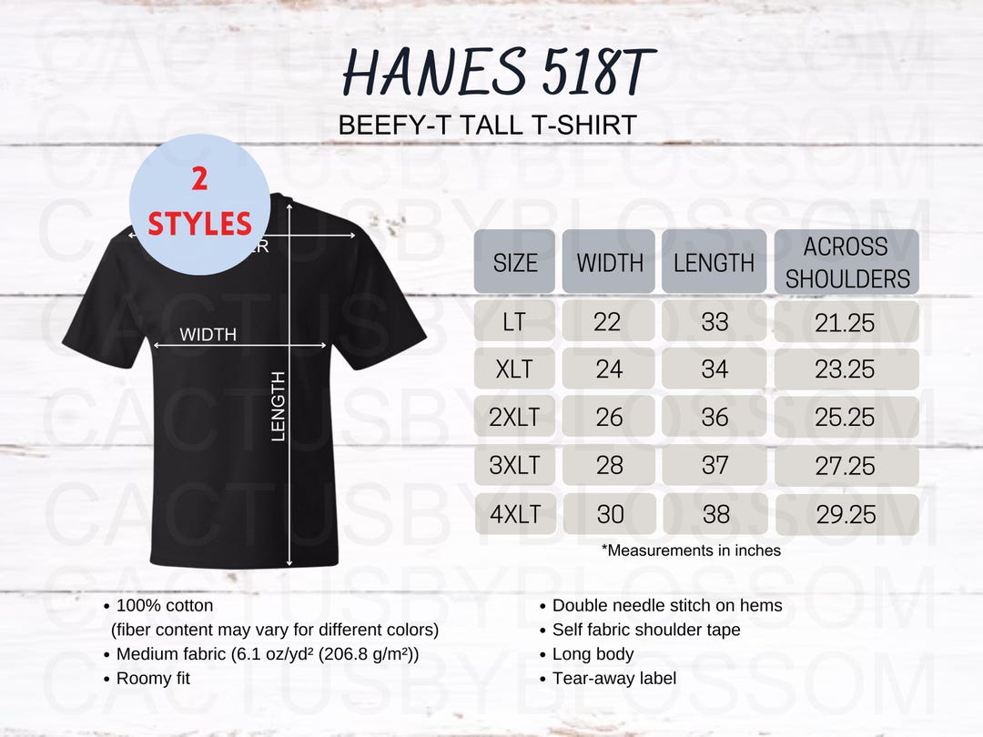 2 Size Chart Hanes 518T Mockup Chart for Beefy-t Tall T-shirt Sizing ...