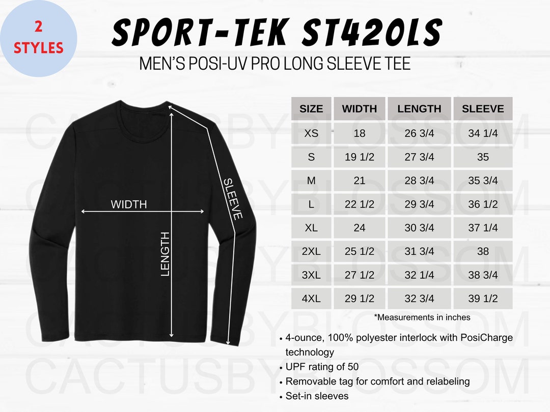 2 Size Chart Sport-tek ST420LS Mockup Men’s Posi-uv Pro Long Sleeve Tee ...