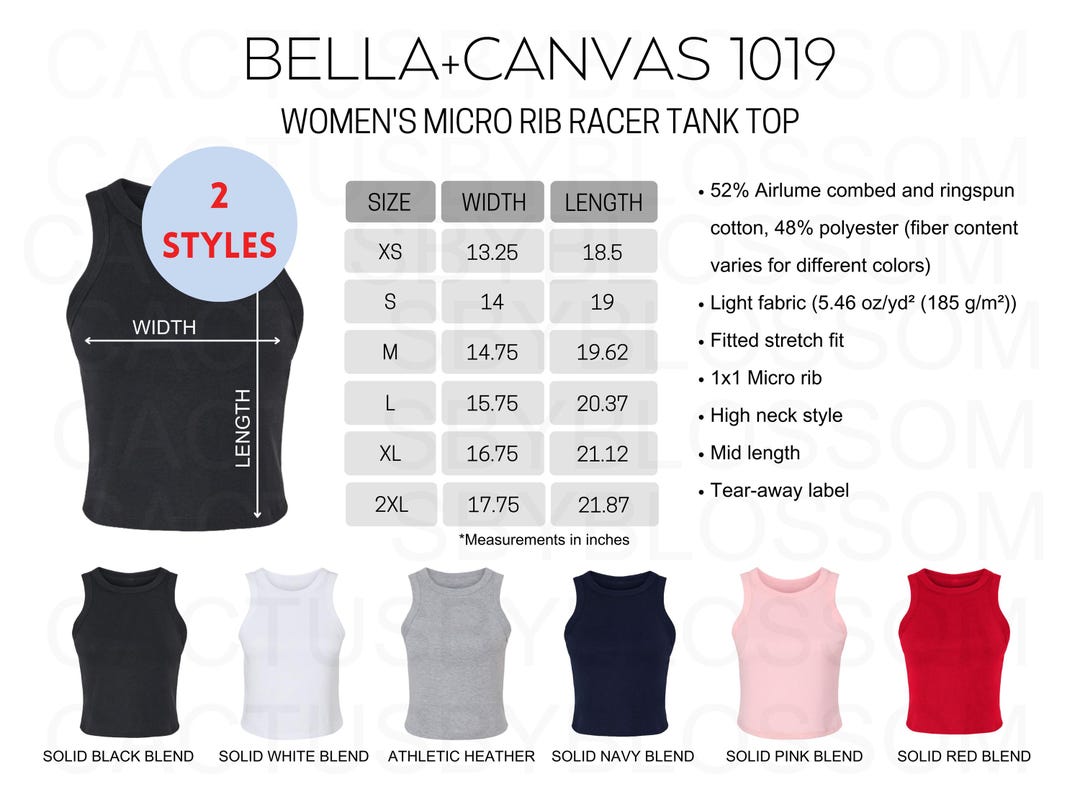 Size Chart Color Chart Bella Canvas 1019 Mockup Tool Women's Micro Rib ...