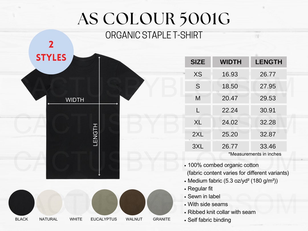 Size Chart Color Chart AS COLOUR 5001G Organic Staple T-shirt Etsy ...