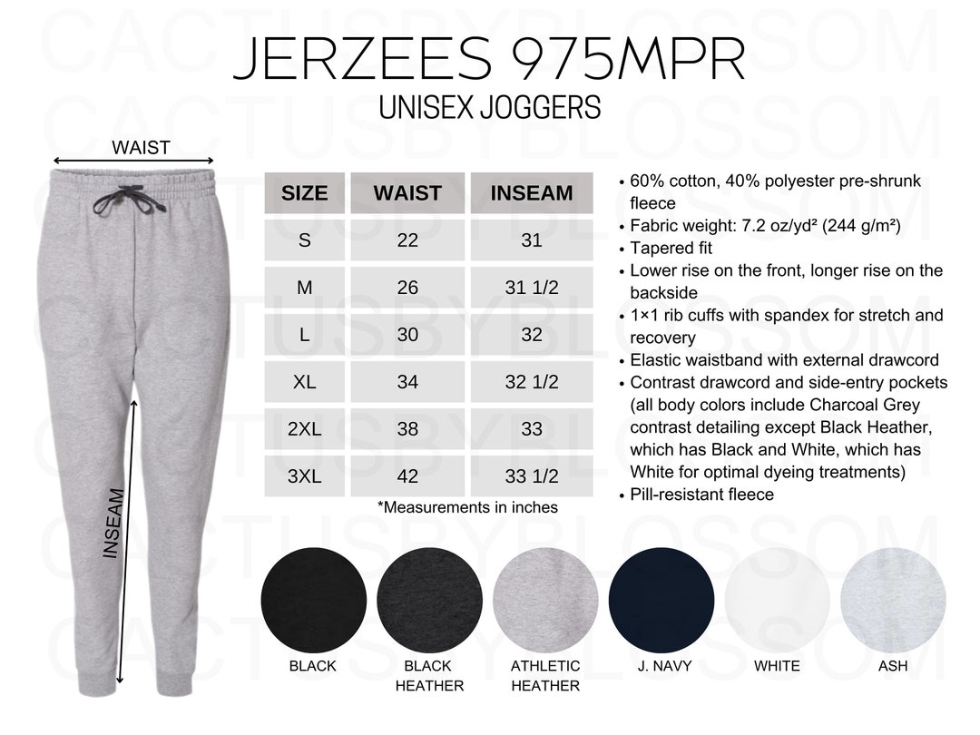 Size Chart Color Chart Jerzees 975MPR Mockup Chart Unisex Joggers ...