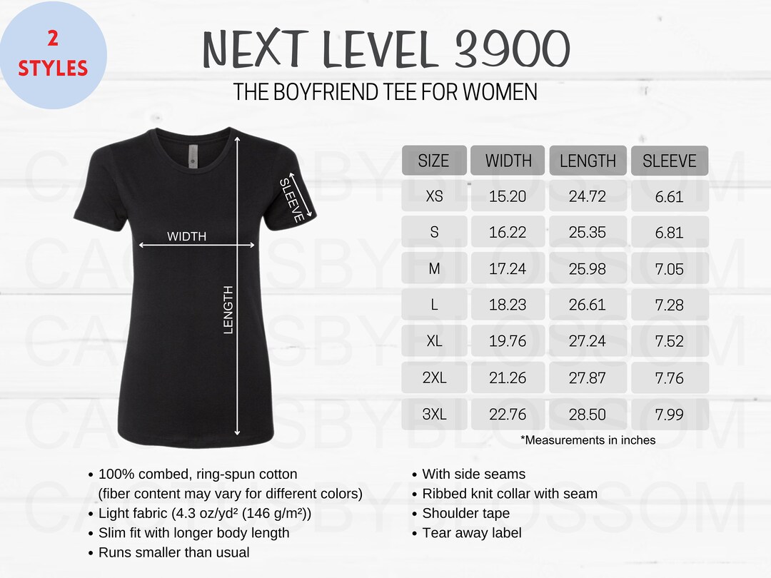 2 Size Chart Next Level 3900 Mockup Etsy Tool the Boyfriend Tee for ...