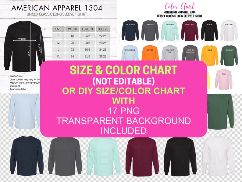BUNDLE Size Chart Color Chart DIY Chart American Apparel Alstyle AL1304 ...