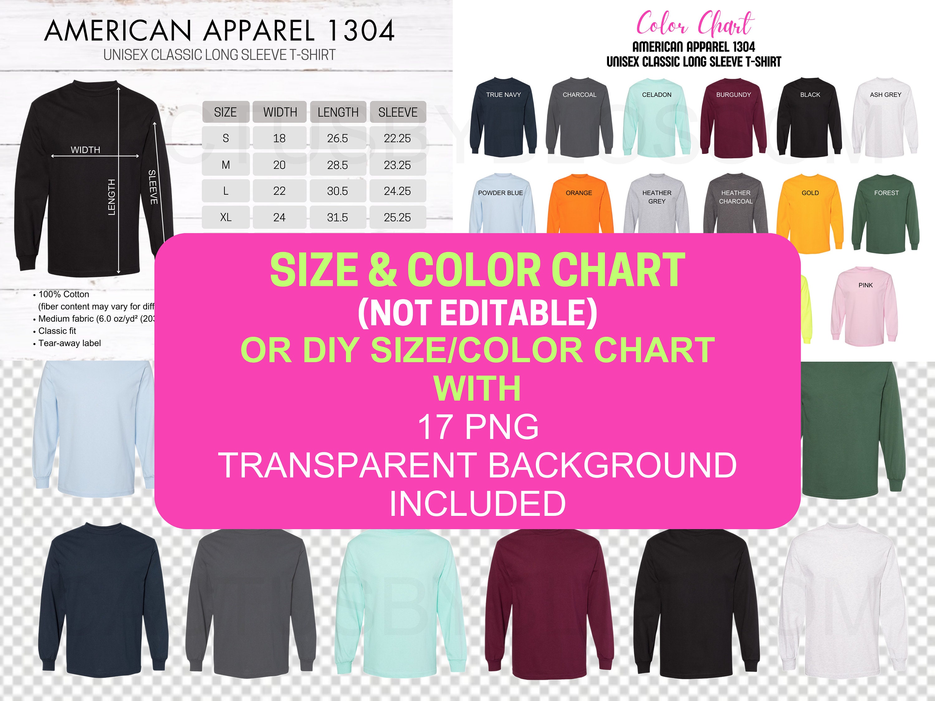 BUNDLE Size Chart Color Chart DIY Chart American Apparel Alstyle AL1304 ...