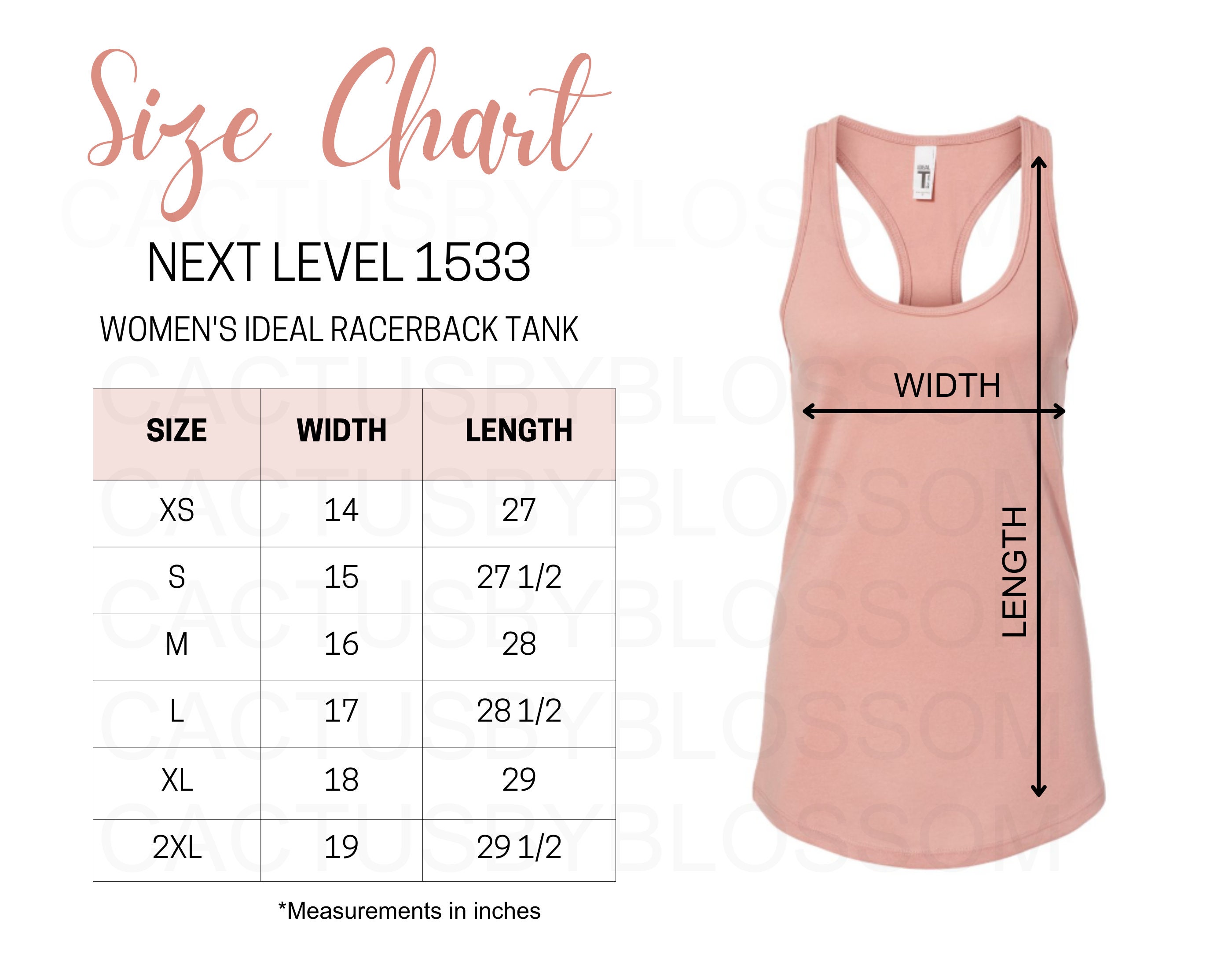 2 Size Chart Next Level 1533 Mockup for Ladies Ideal Racer Back Size ...