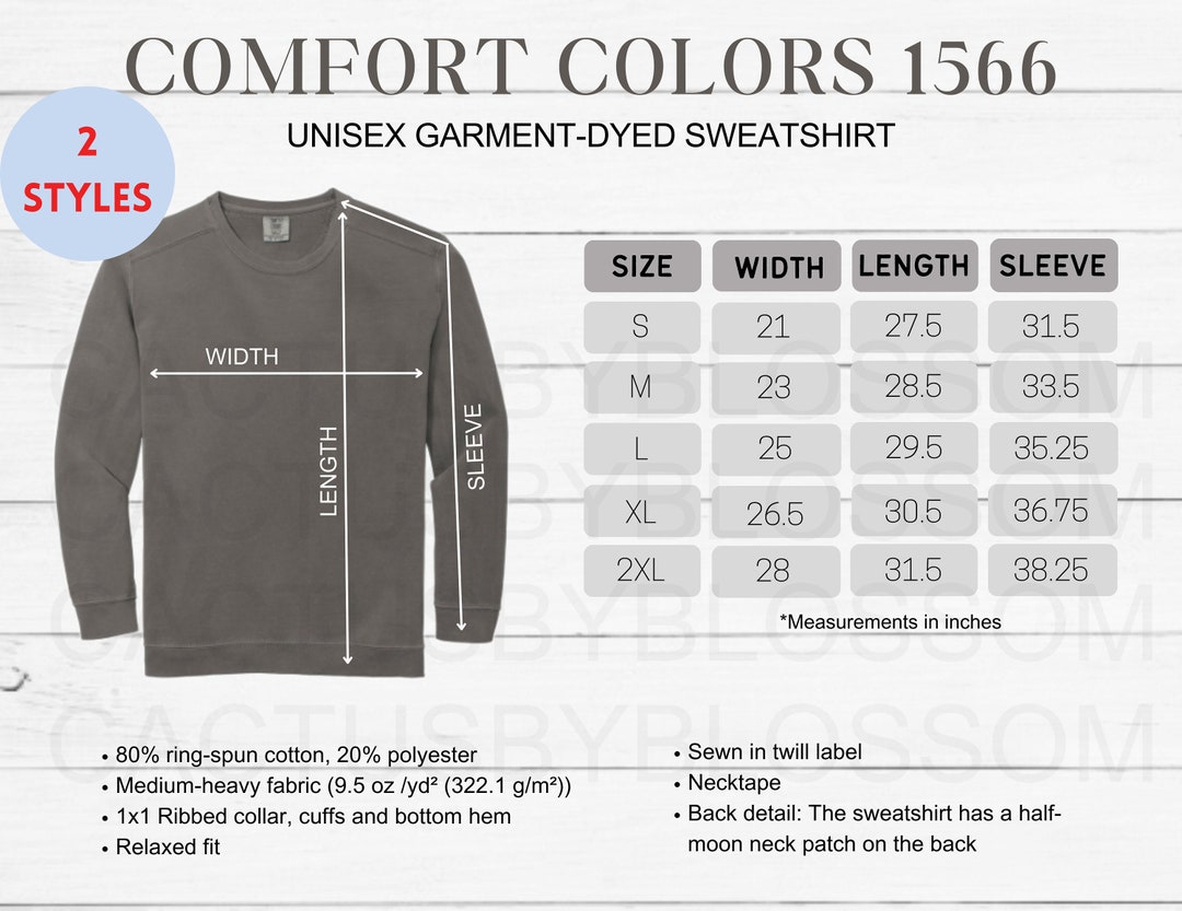 2 Size Chart Comfort Colors 1566 Mockup Listing for Garment-dyed ...