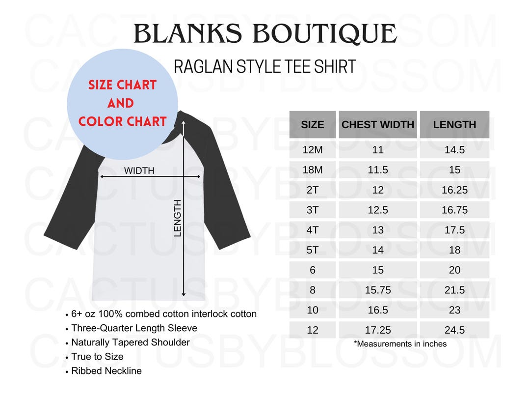 BUNDLE Size Chart Color Chart Blanks Boutique Mockup Etsy Tool Raglan ...