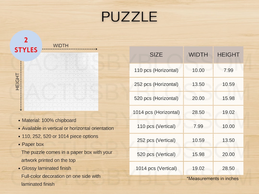 2 Size Chart Puzzle 110, 252, 520, 1014 Piece Mockup Chart AOP All Over ...