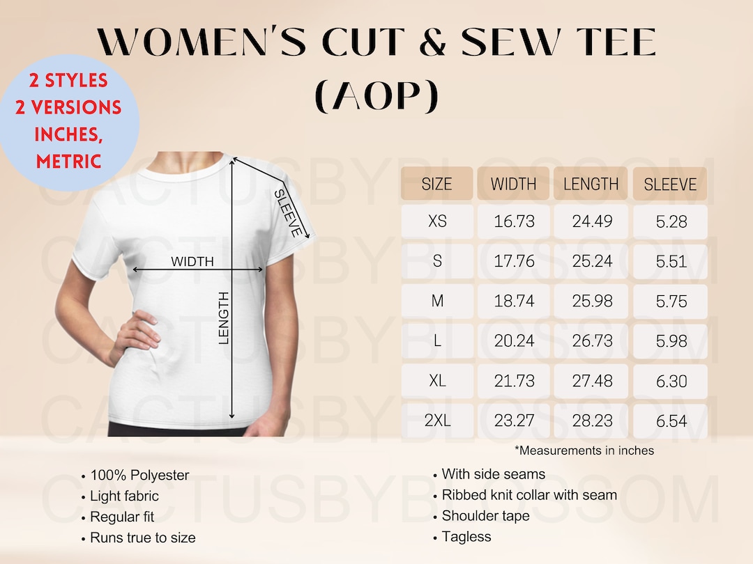 4 Size Chart Women Cut and Sew Tee Mockup Chart AOP All Over Print Size ...