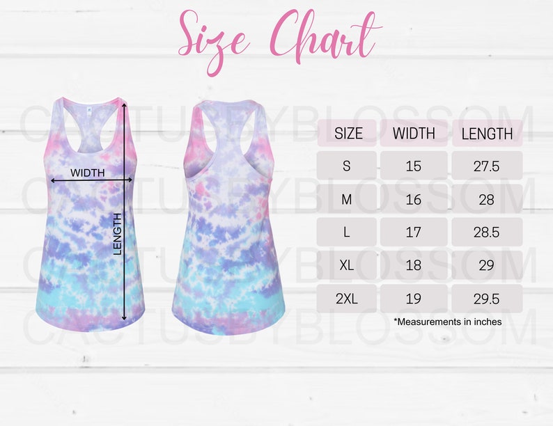 2 Size Chart Colortone 3400 Mockup Chart for Tie Dye Racerback Tank Top ...