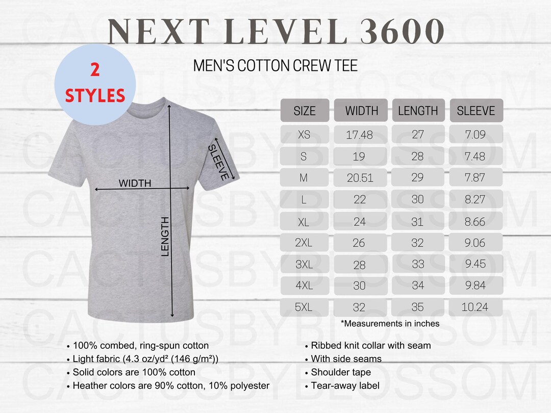 2 Size Chart Next Level 3600 Mockup for Men Cotton T-shirt Size Chart ...
