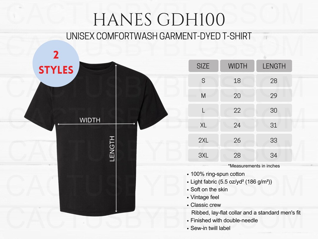 2 Size Chart Hanes GDH100 Unisex Comfortwash Garment-dyed T-shirt ...