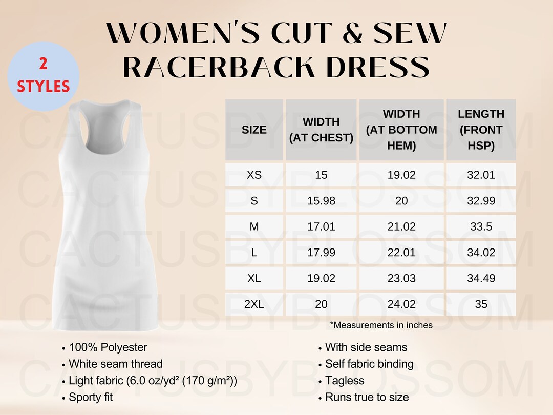 2 Size Chart Women's Cut and Sew Racerback Dress Mockup Chart AOP All ...