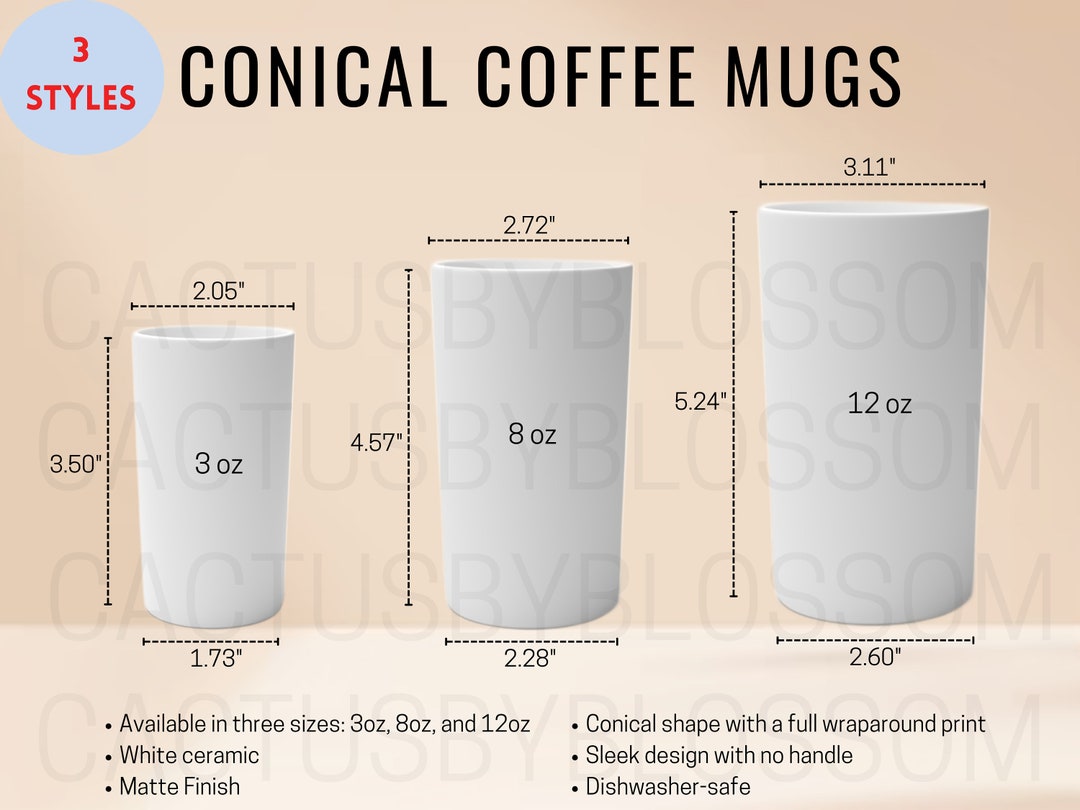 3 Size Chart Conical Coffee Mug 3oz 8oz 12oz Mockup Chart Coffee Cup ...