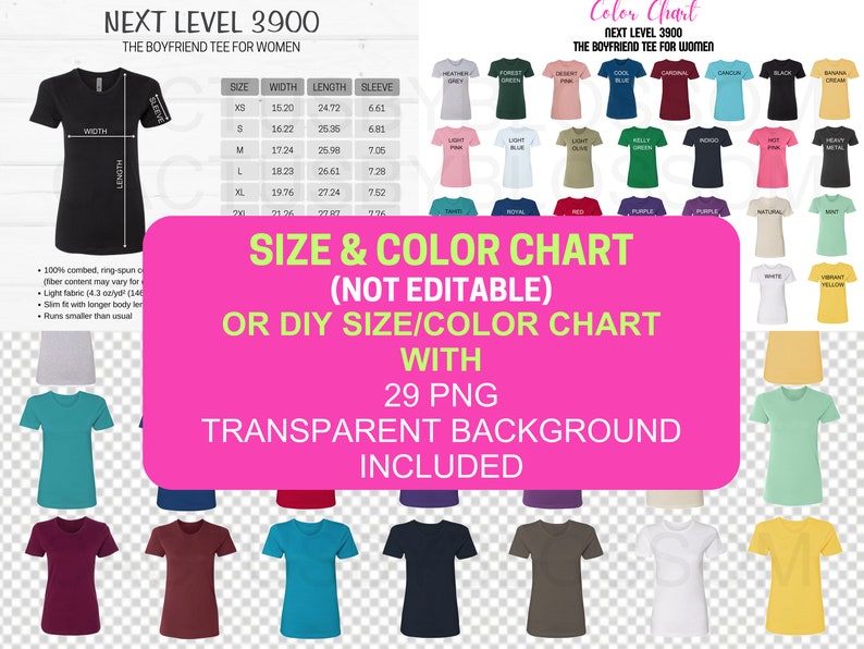 BUNDLE Size Chart Color Chart DIY Chart Next Level 3900 Mockup Tool the ...