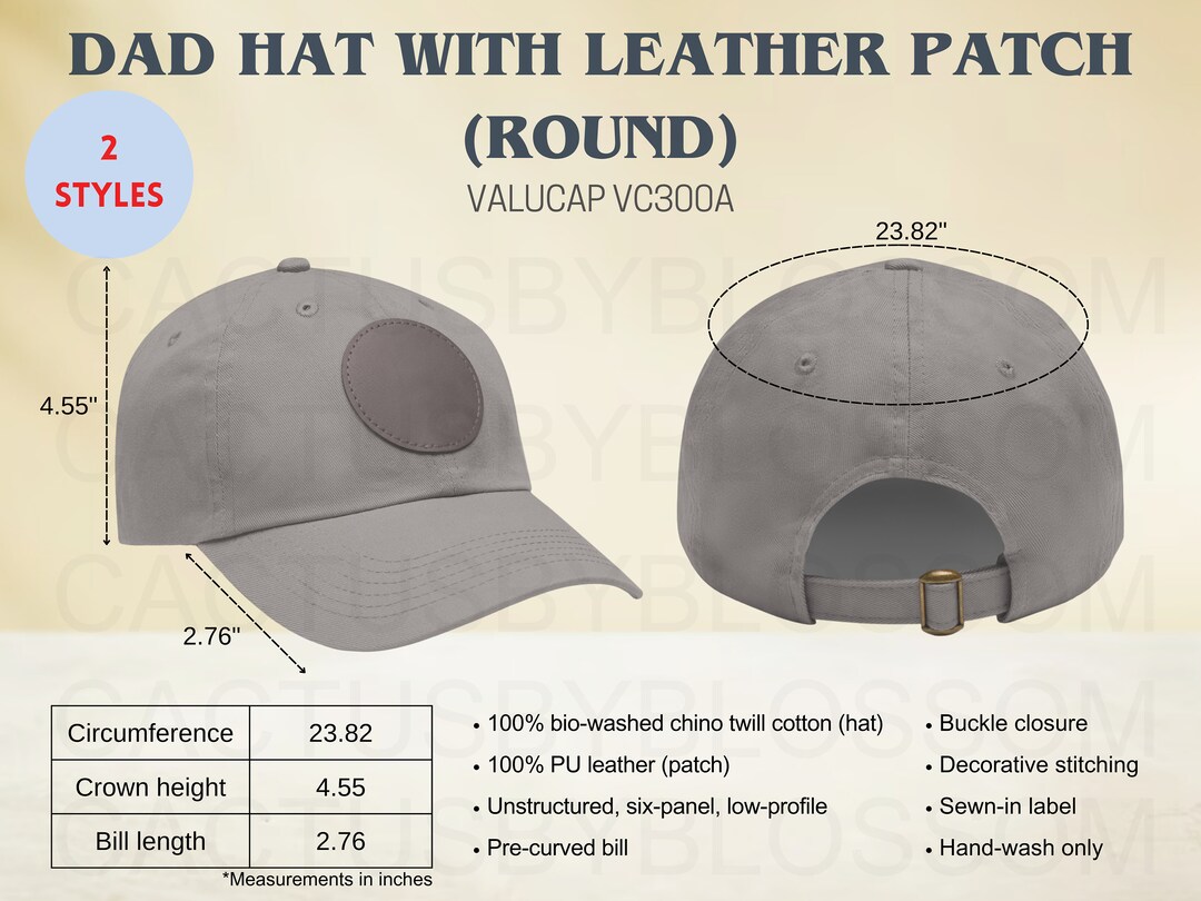 2 Size Chart Dad Hat With Leather Patch (round) Valucap VC300A Mockup ...