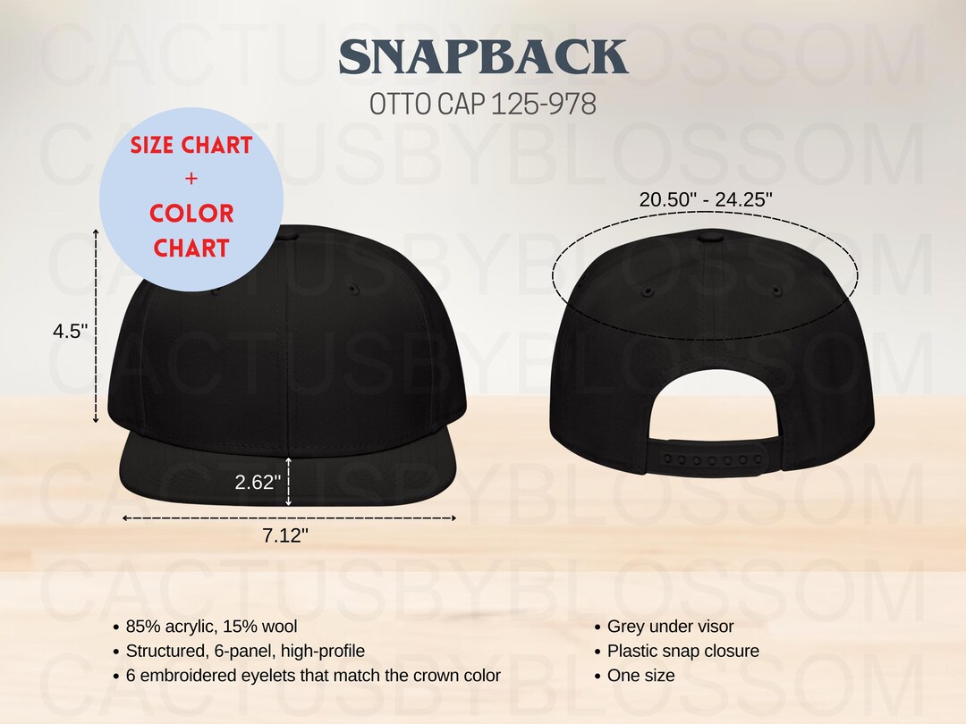 BUNDLE Size Chart Color Chart Snapback Otto Cap 125-978 Mockup Size ...