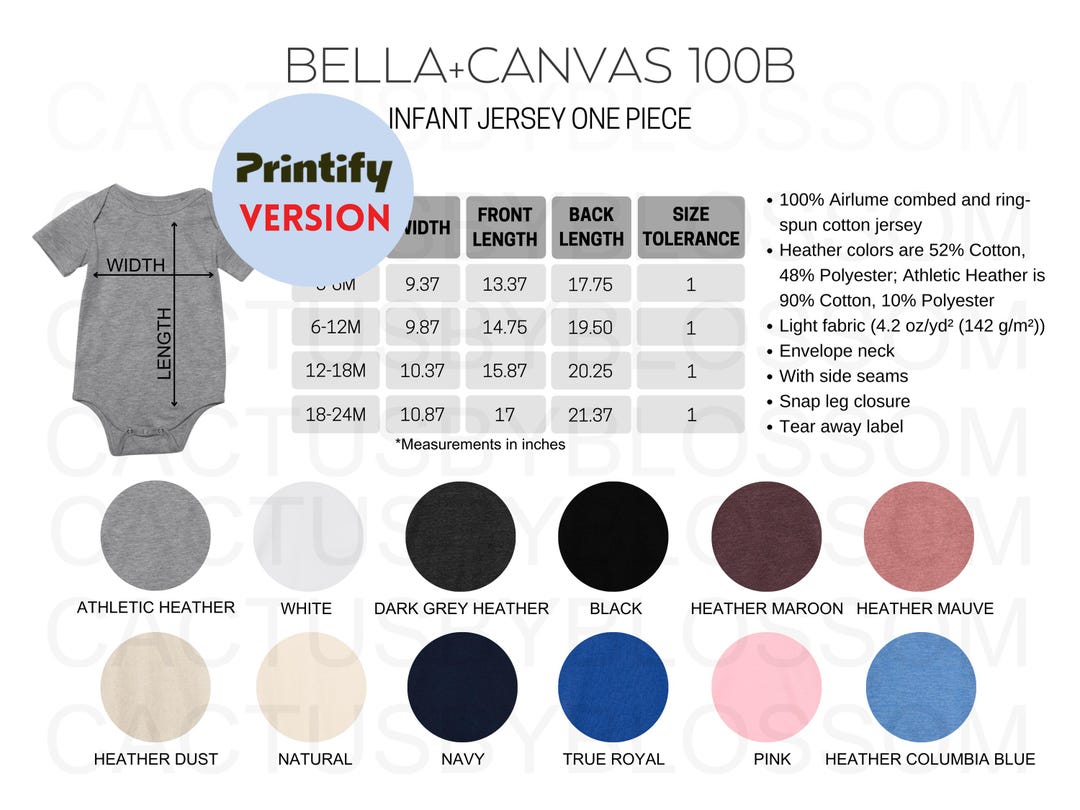 4 Size Chart Color Chart Bella + Canvas 100B Mockup Infant Jersey One ...