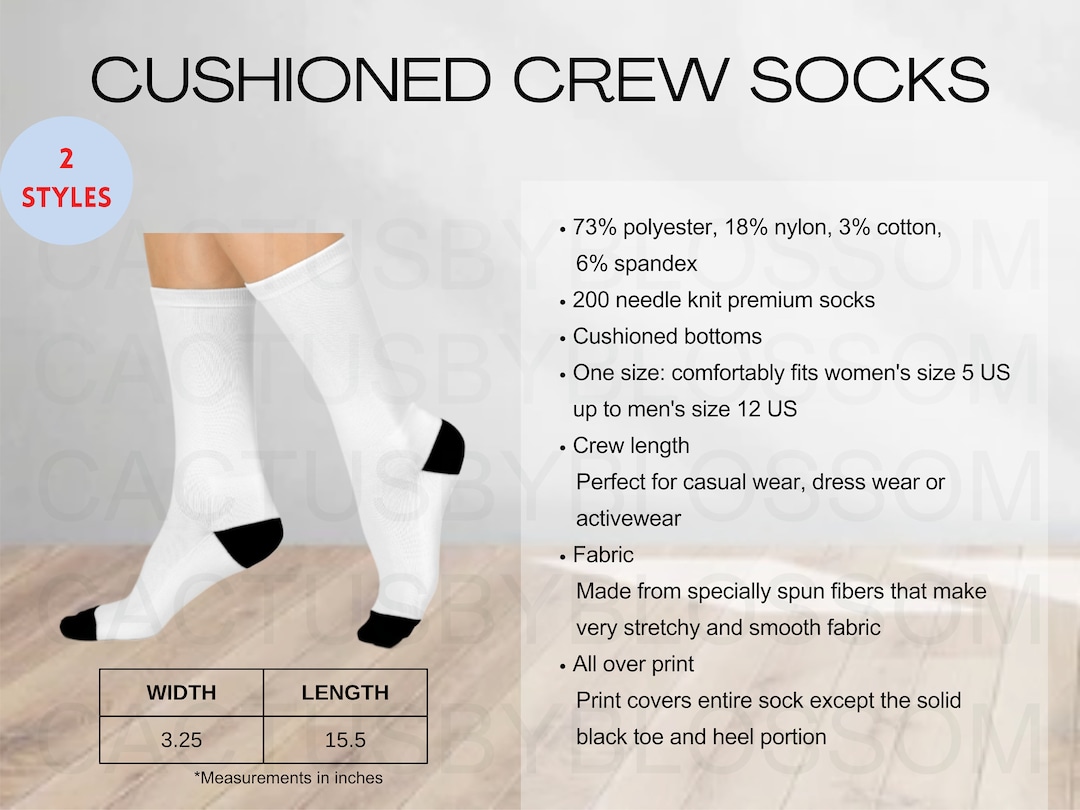 2 Size Chart All-over-prints Cushioned Crew Socks Mockup Chart Socks ...