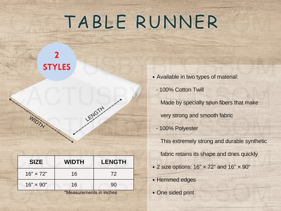 2 Size Chart Table Runner Mockup Chart AOP All Over Print Size Chart ...