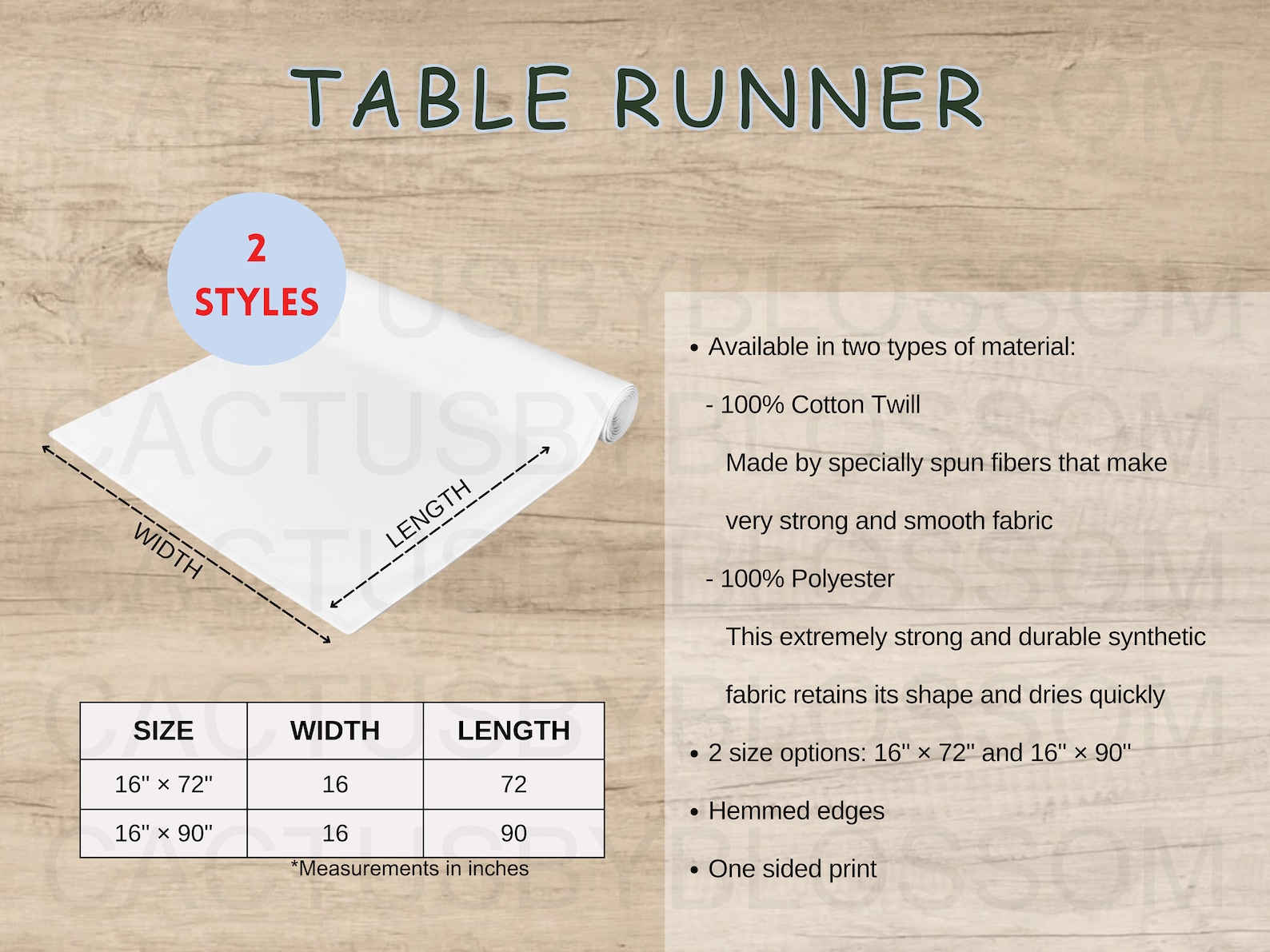 2 Size Chart Table Runner Mockup Chart AOP All Over Print Size Chart ...