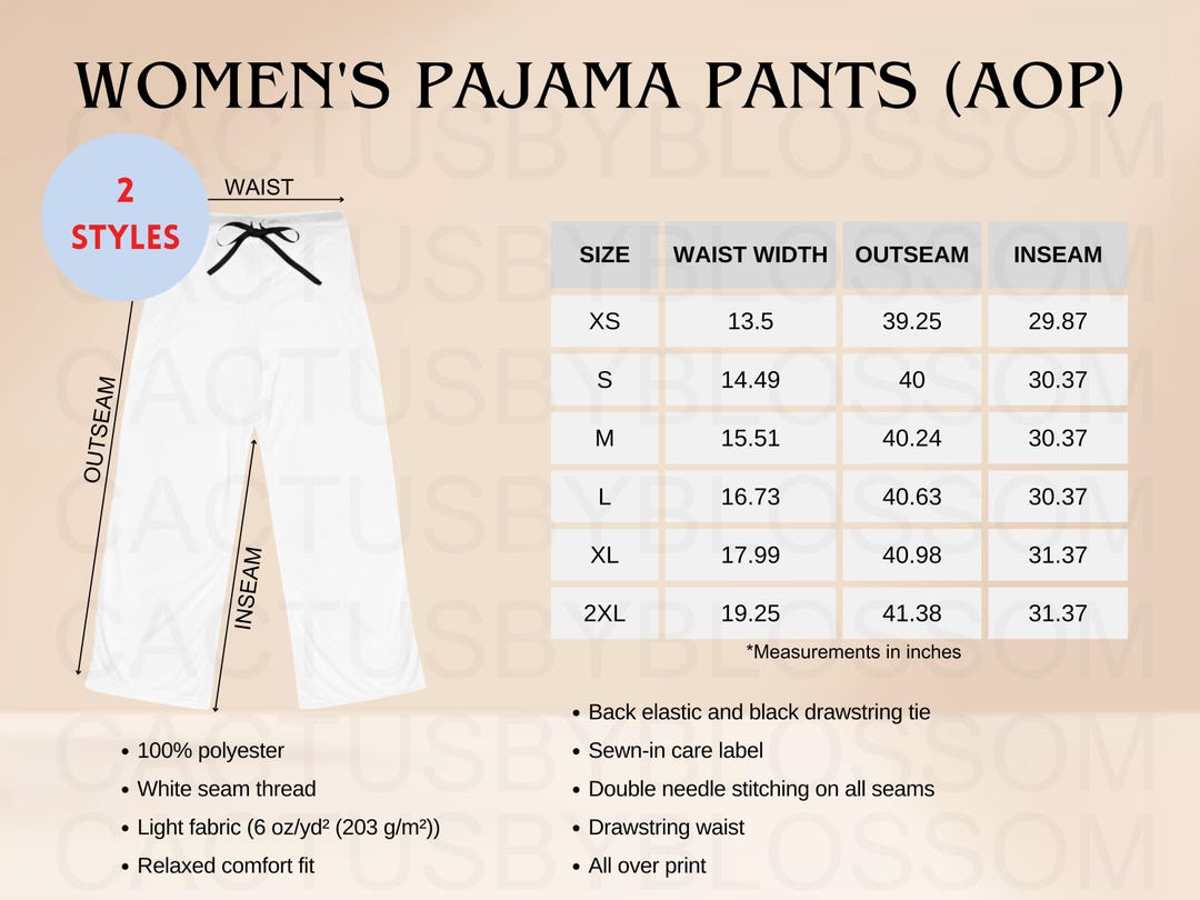2 Size Chart Women's Pajama Pants Mockup Chart AOP All Over Print Size ...