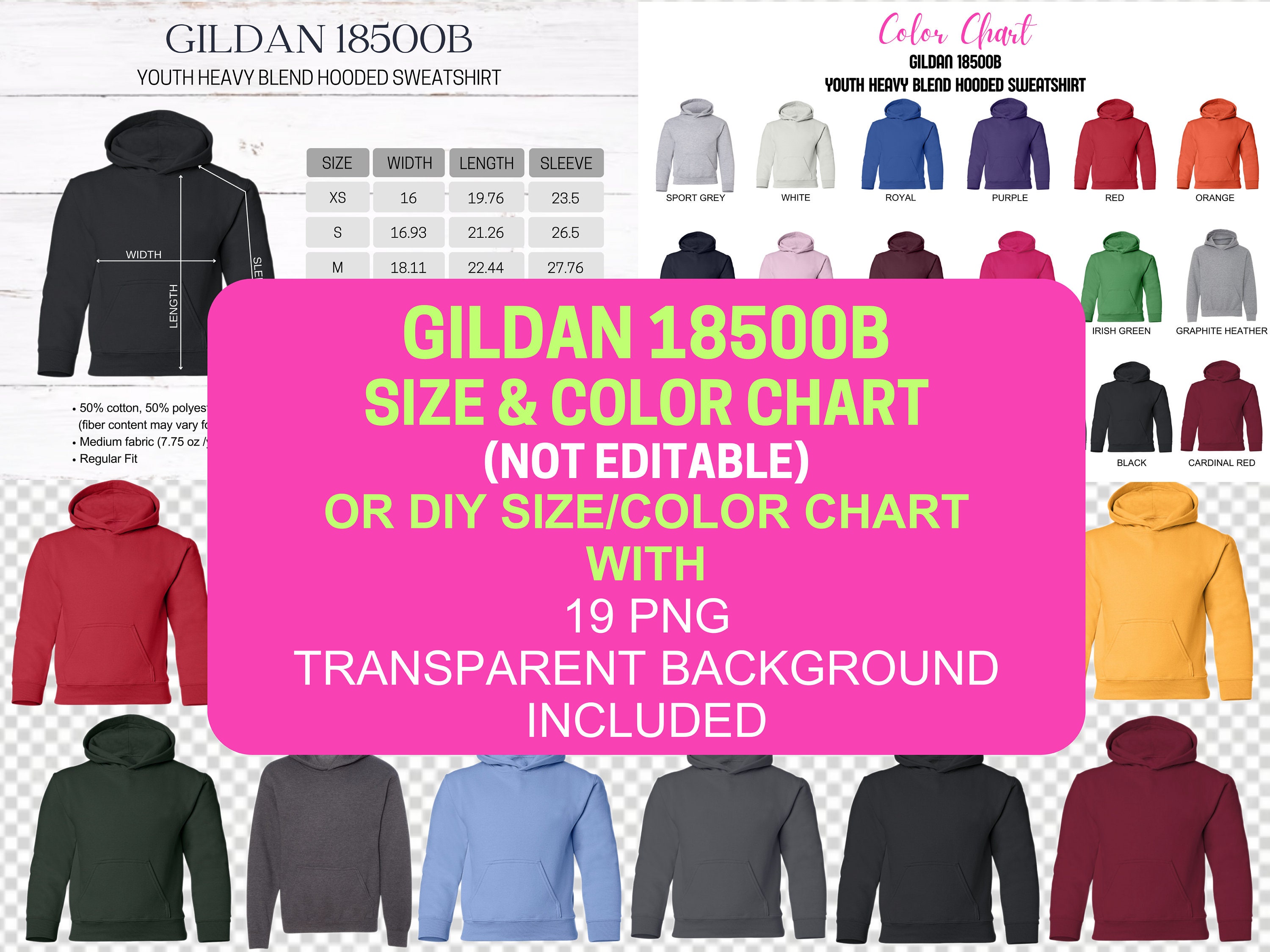 BUNDLE Size Chart Color Chart DIY Chart Gildan 18500B Mockup Tool Youth ...