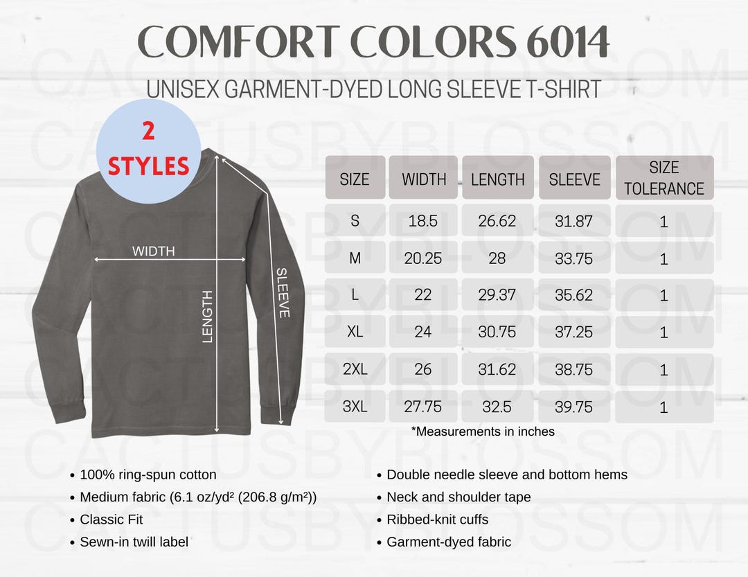 2 Size Chart Comfort Colors 6014 Mockup Unisex Garment-dyed LS T-shirt ...