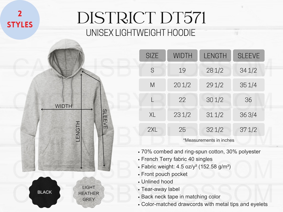 2 Size Chart Color Chart District DT571 Unisex Light Weight Hoodie ...