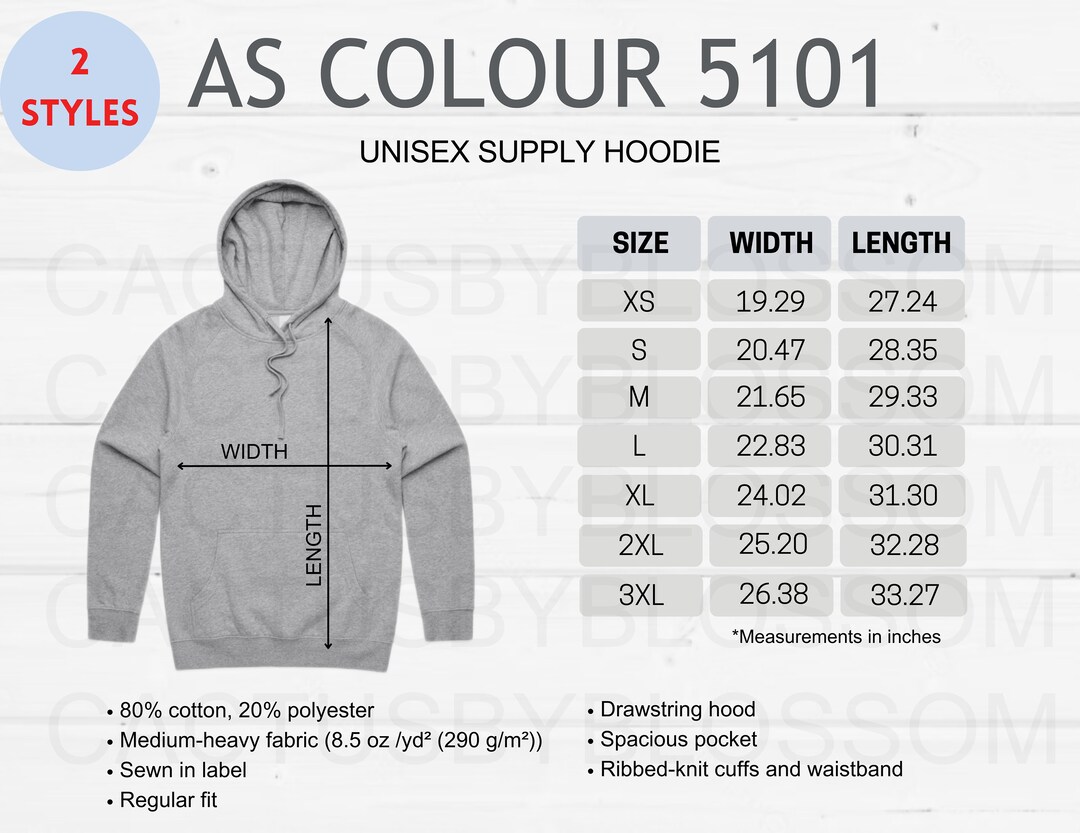 2 Size Chart AS Colour 5101 Mockup Chart for Unisex Supply Hoodie ...