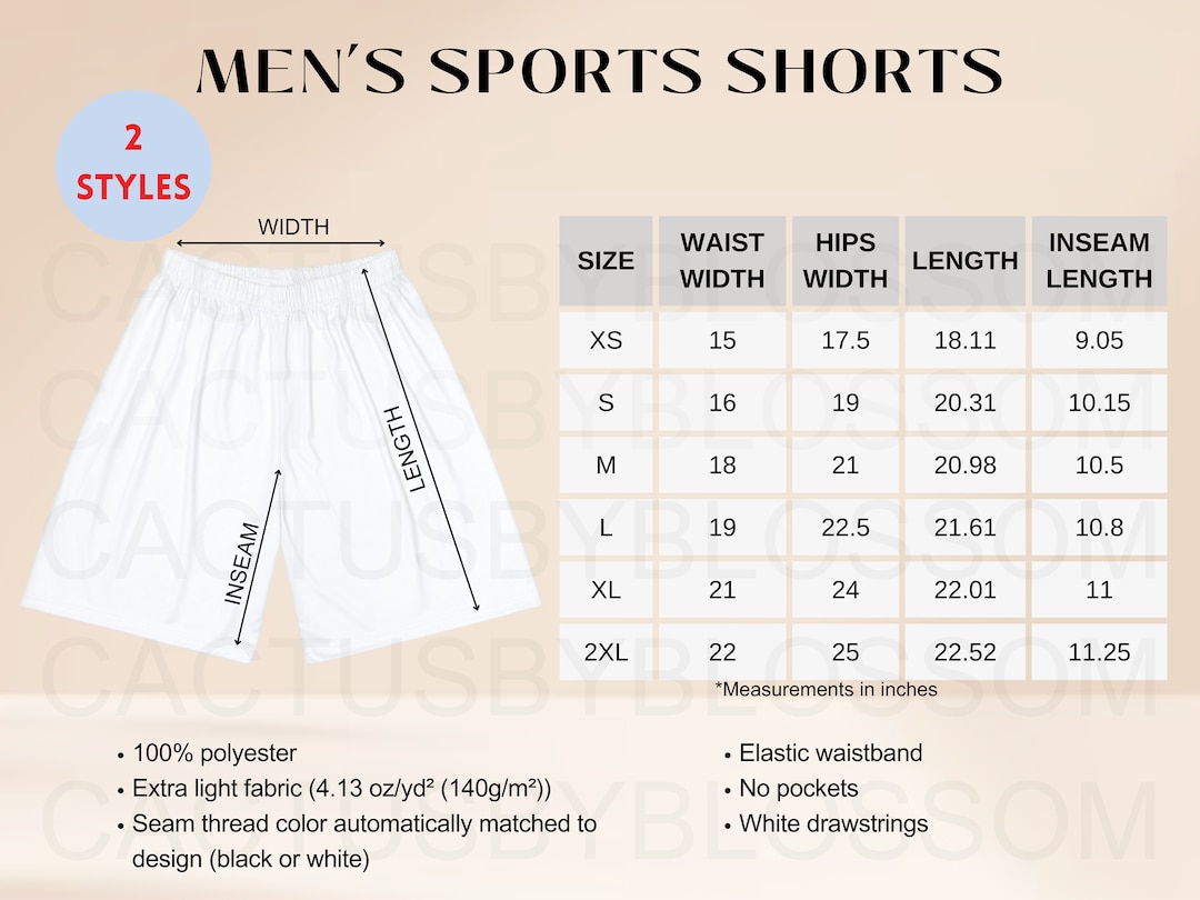 2 Size Chart Men's Sports Shorts (AOP) Mockup Etsy Tool Sizing XS-2XL ...