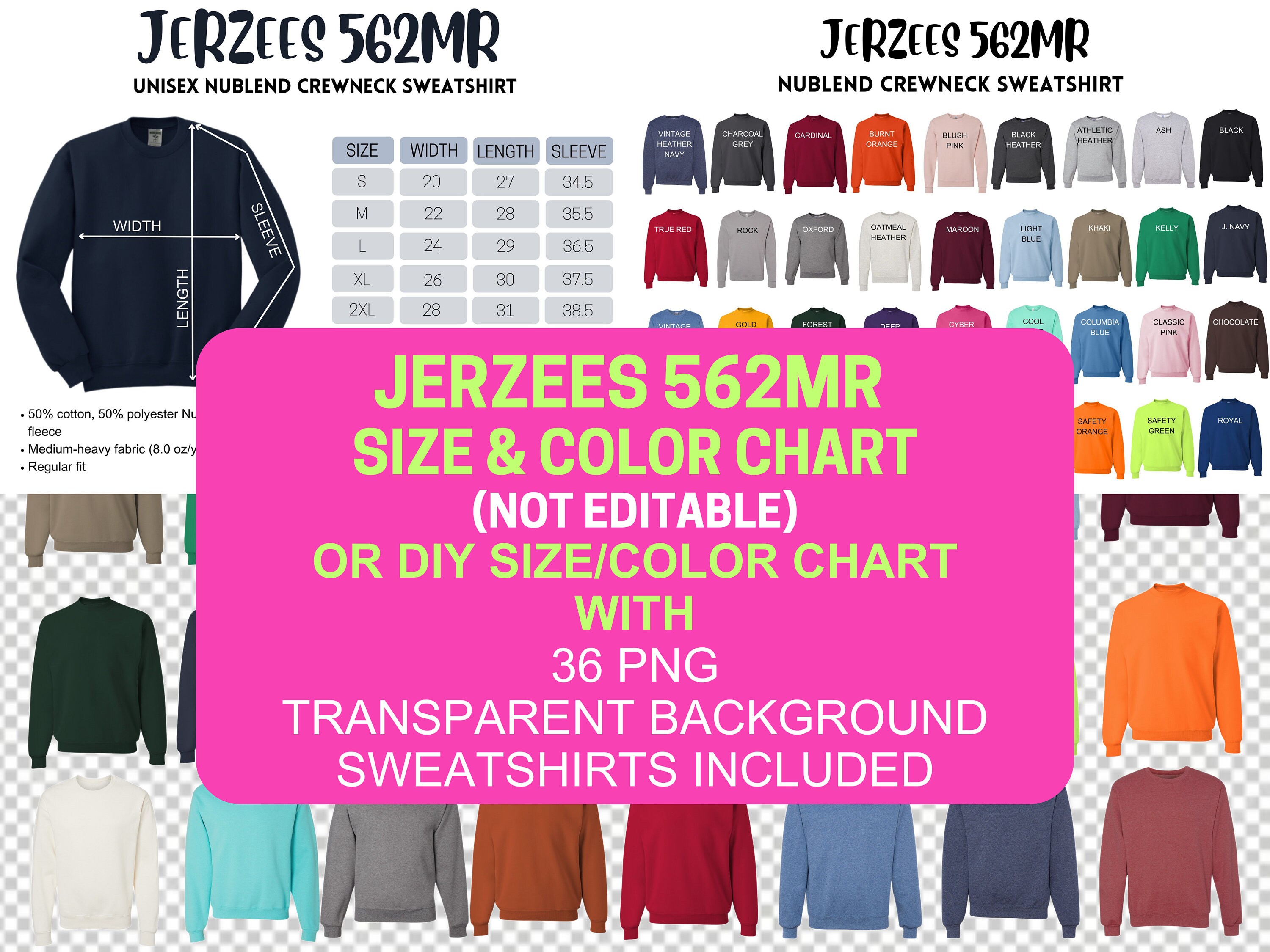 BUNDLE Size Chart Color Chart DIY Chart Jerzees 562MR Mockup Etsy Tool ...