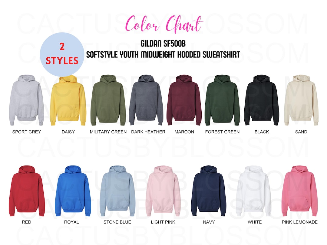 Color Chart Gildan SF500B Mockup Tool Softstyle Youth Midweight Hooded ...