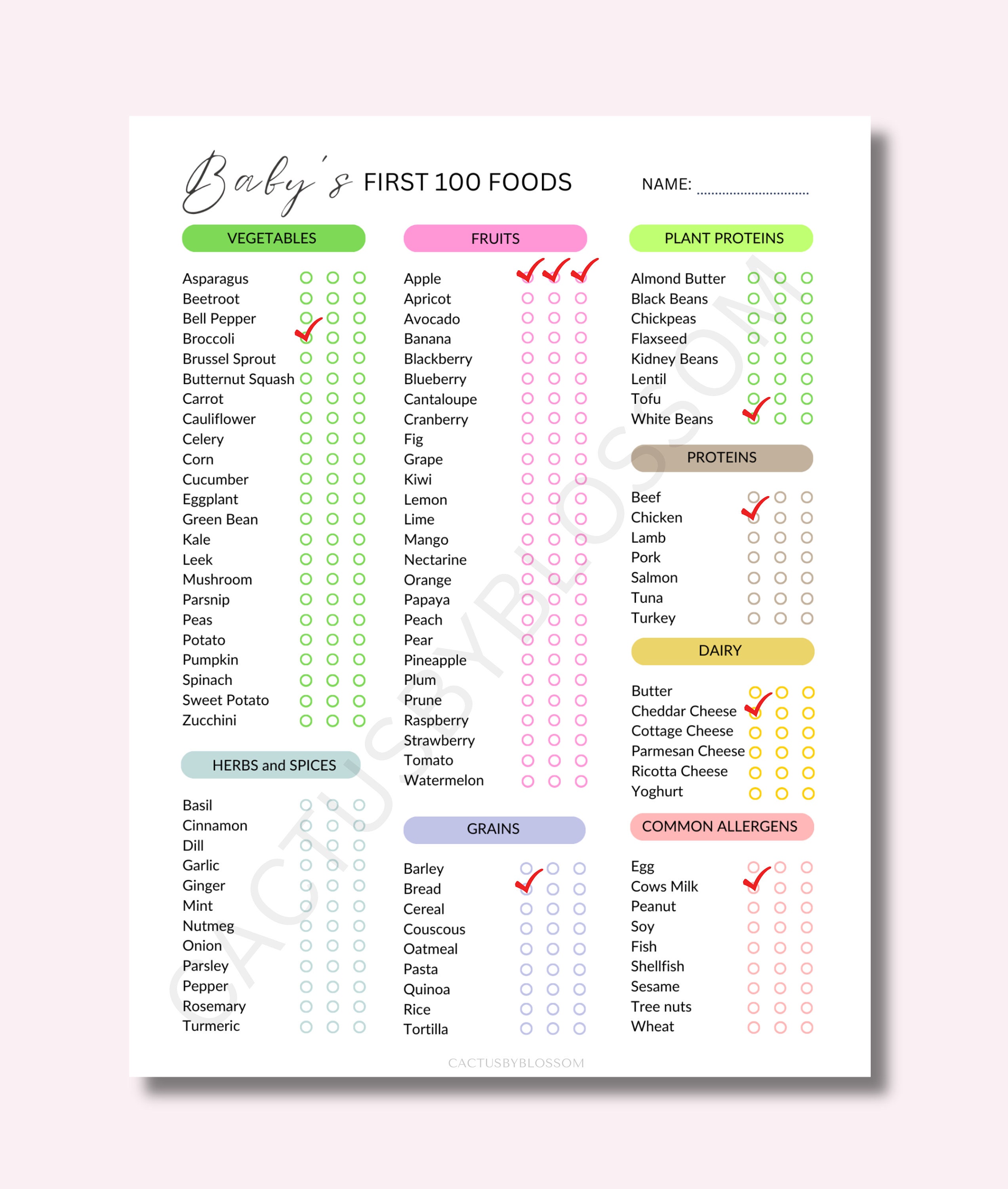 Baby's First 100 Food Checklist Tracker Newborn Taste Checklist Toddler Food List Kid Food List ...