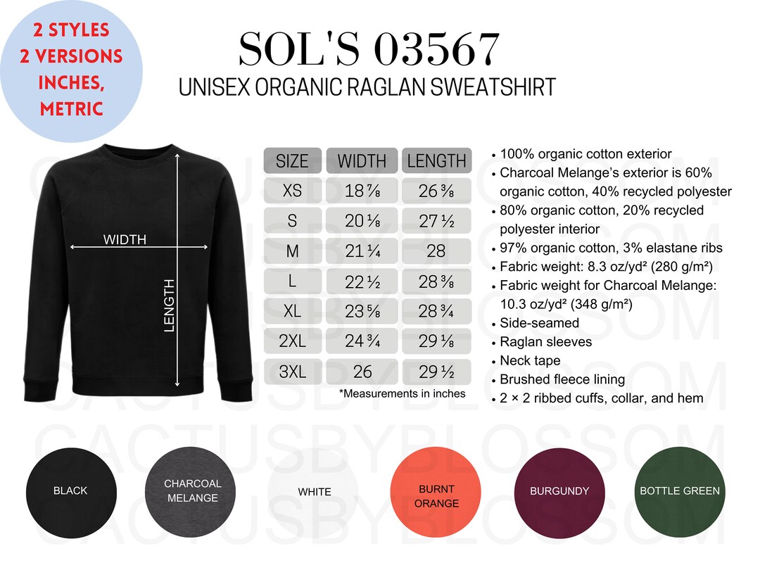 4 Size Chart Color Chart SOL'S 03567 Mockup Chart Unisex Organic Raglan ...