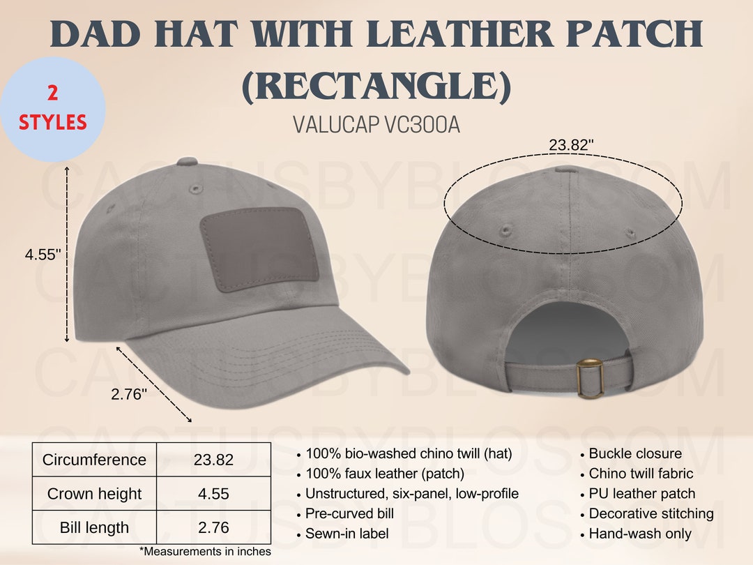 2 Size Chart Dad Hat With Leather Patch rectangle Valucap VC300A Mockup ...