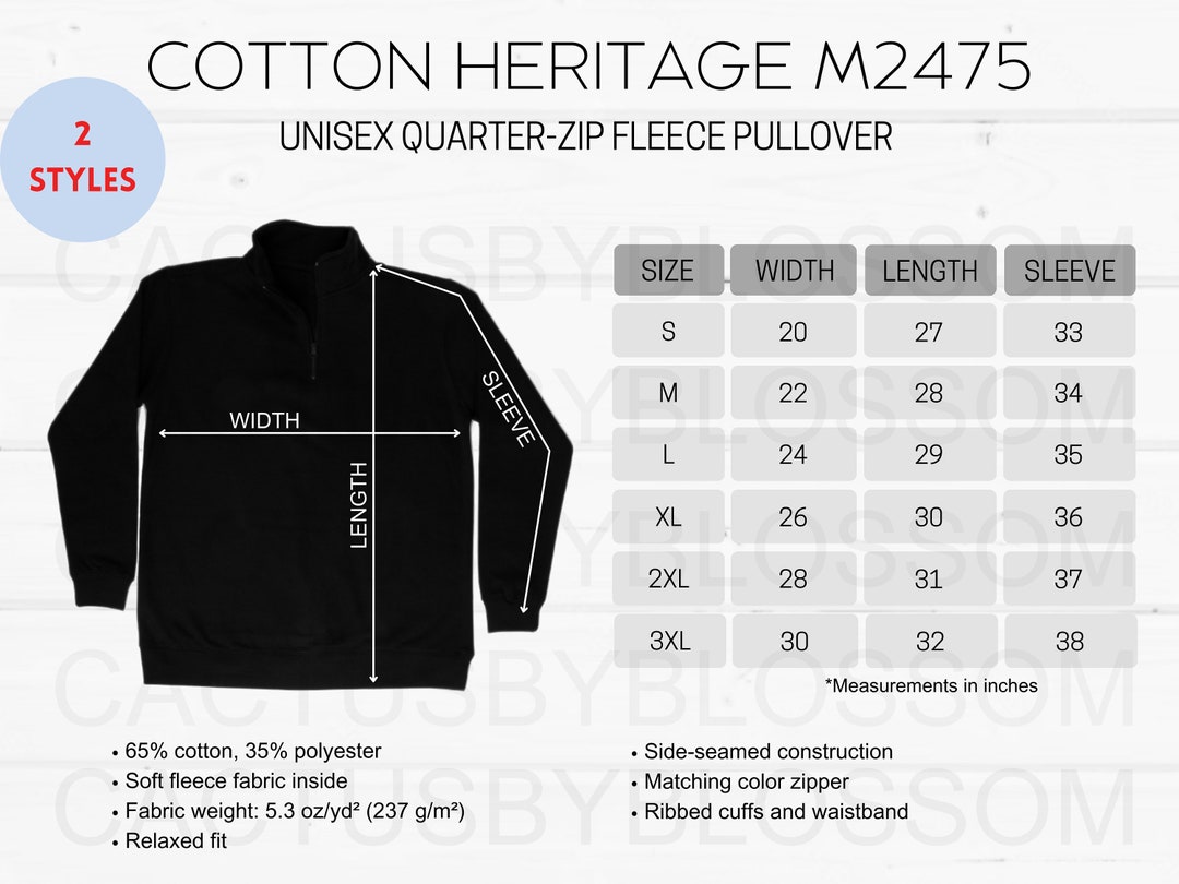 2 Size Chart Cotton Heritage M2475 Mockup Chart Unisex Quarterzip ...