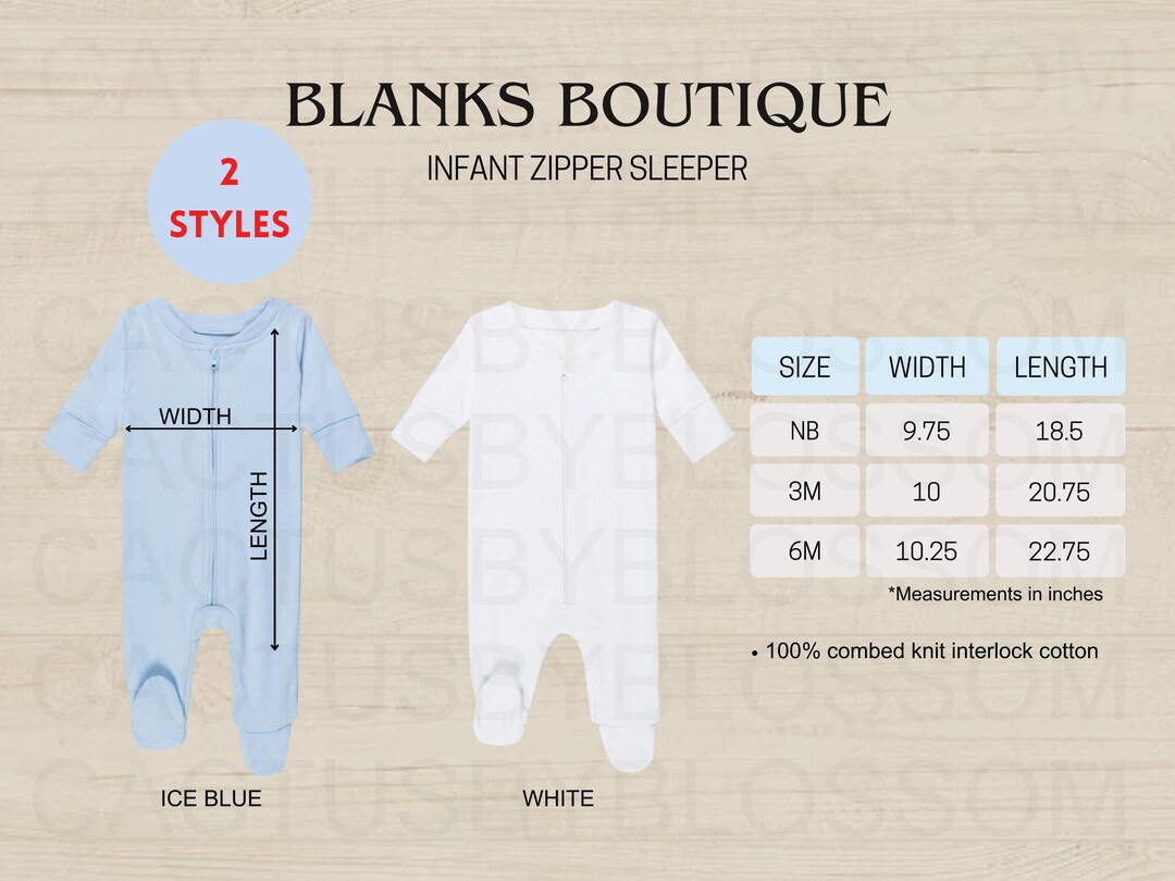 2 Size Chart Color Chart Blanks Boutique Infant Zipper Sleeper Mockup ...