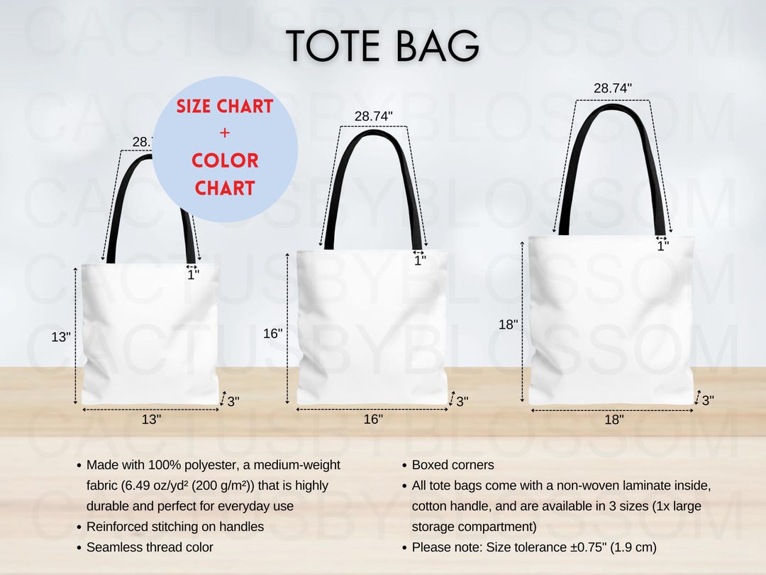 3 Size Chart Color Chart AOP Tote Bag Mockup Chart for All Over Print ...