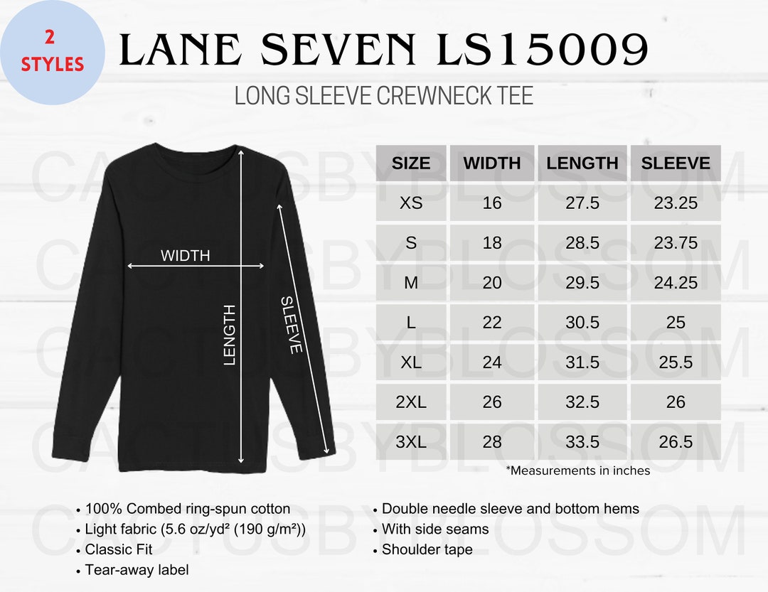 2 Size Chart Lane Seven LS15009 Mockup Chart Long Sleeve Crewneck Tee ...