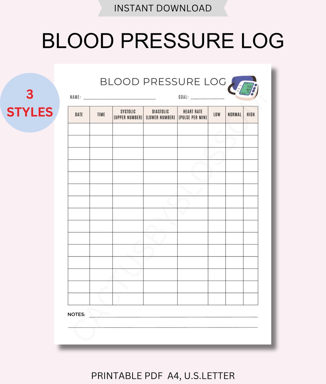 3 Blood Pressure Log Tracker Pressure Chart for Blood Log Doctor Visit ...