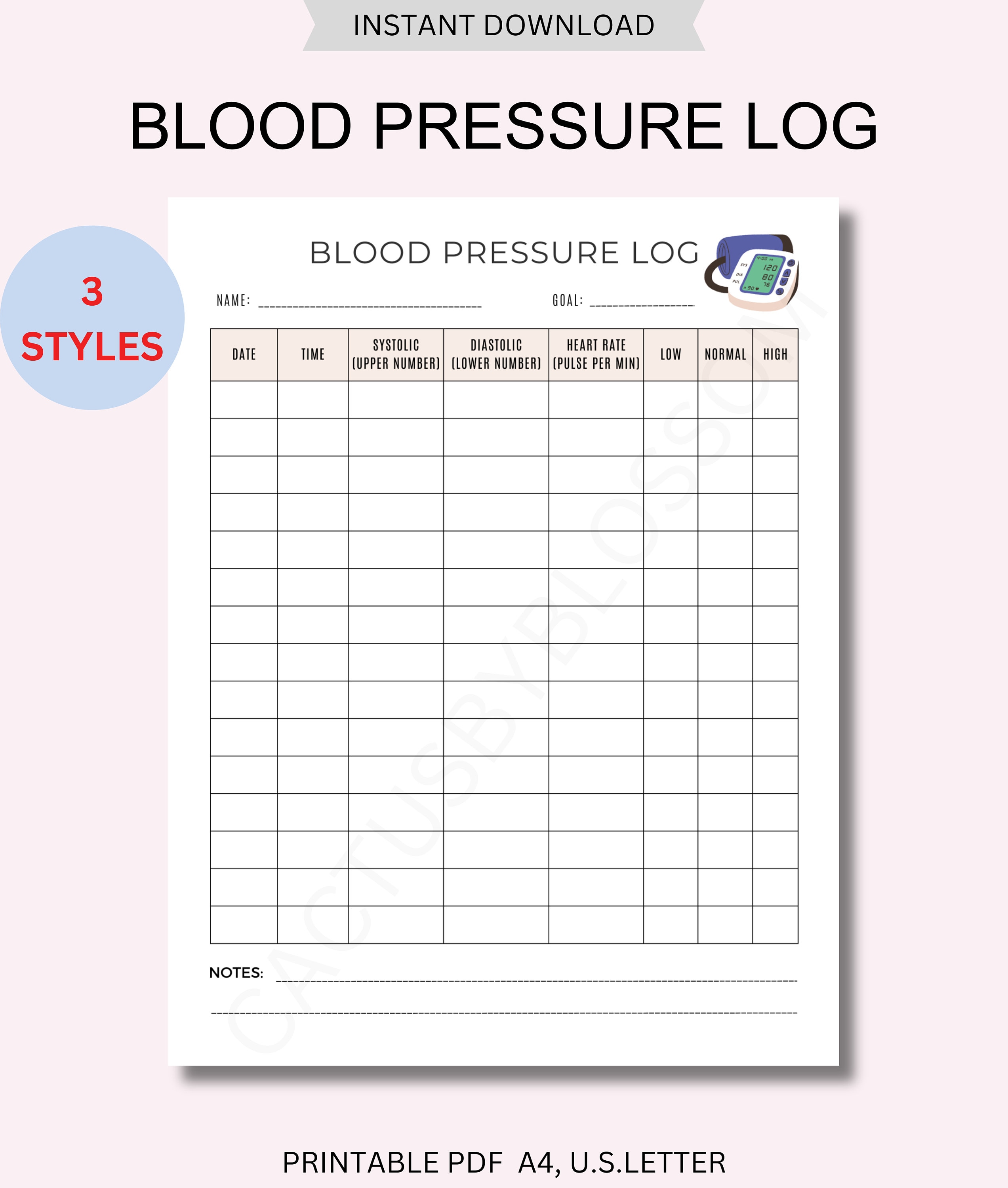 3 Blood Pressure Log Tracker Pressure Chart for Blood Log Doctor Visit ...