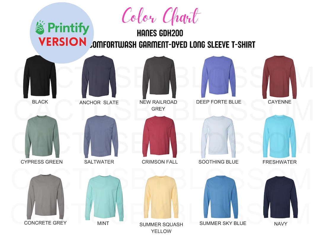 Color Chart Hanes GDH200 Unisex Comfortwash Garment-dyed Long Sleeve T ...