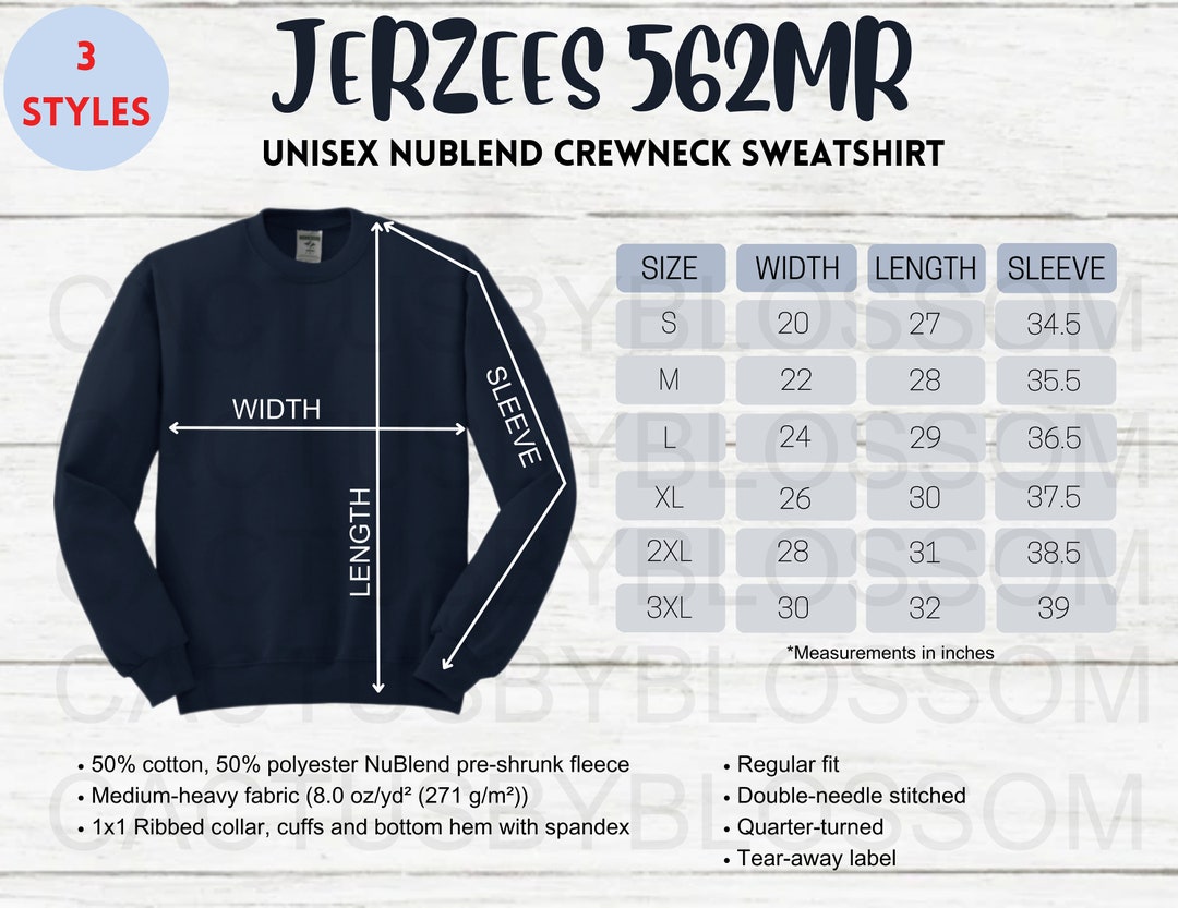 3 Size Chart Jerzees 562MR Mockup Etsy Tools Nublend Crewneck Size ...