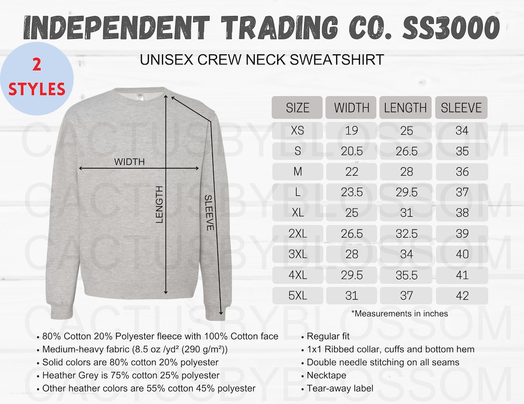 2 Size Chart Independent Trading Company SS3000 Mockup Chart Unisex ...