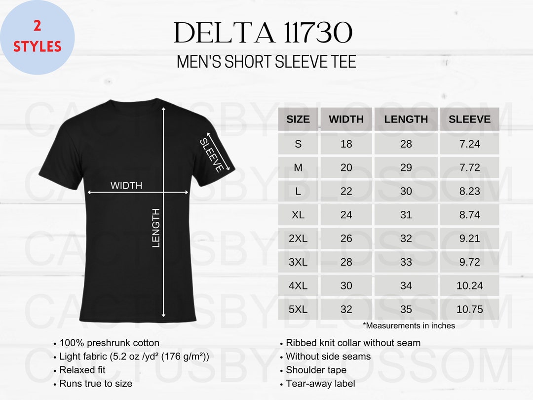 2 Size Chart Delta 11730 Men's Short Sleeve Tee Mockup Size Chart Etsy ...